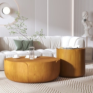 Round Outdoor/Indoor Coffee Table Set, Wood Grain Drum Center Tables ...