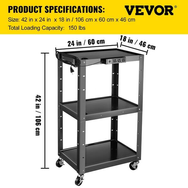VEVOR Steel AV Cart Media Cart with Cord Management 24-42 Inch Height ...