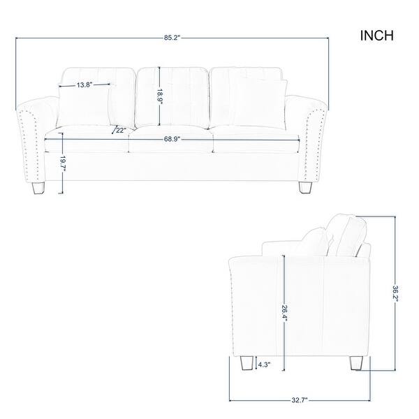 Mid-Century Sofa Modern Upholstered 3-Seat Sofa Couch with Arm and 2 ...