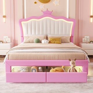 Full Size Modern Upholstered Princess Bed with Crown Headboard,a Drawer ...