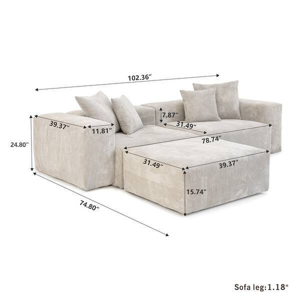 102" Oversized Corduroy Modular Sofa Reversible Couch with Ottoman ...