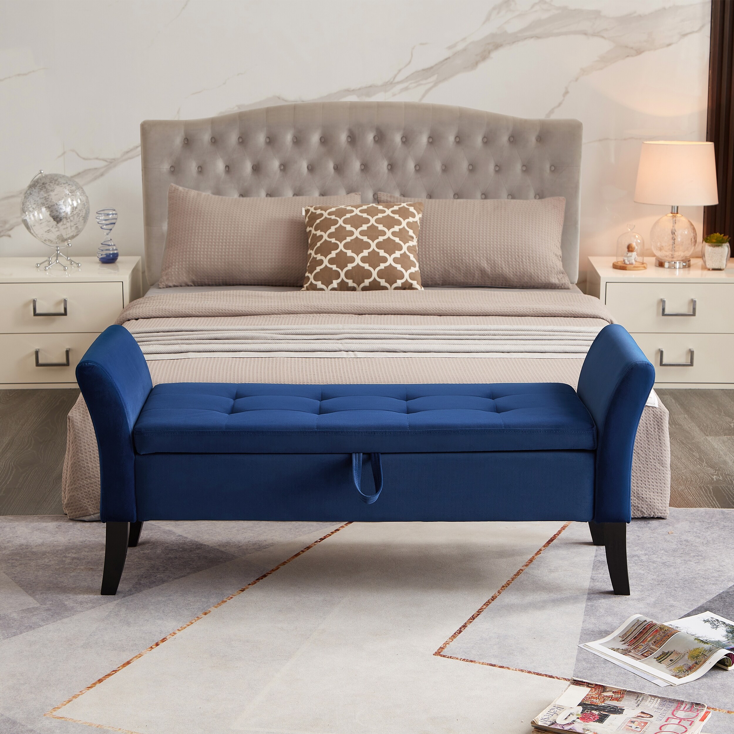 Ottoman Bench Leisure Bench with Solid Wood Legs and Armrests Upholstered Flip End of Bed Bench with Safety Hinges Navy Blue Bed Bath Beyond 41805562