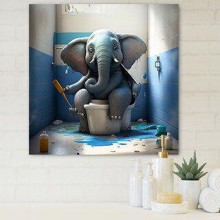 Designart 'Cartoon Elephant On Toilet' Animals Canvas Wall Art - Bed ...