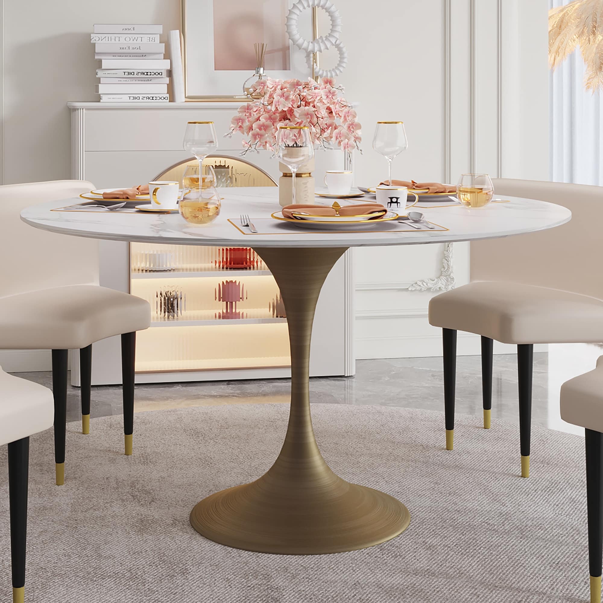 Mid-Century Modern Round Pedestal Dining Table - White Faux Marble - On ...