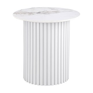 Round Sintered Stone End Table with Fluted Metal Base in White - Bed ...