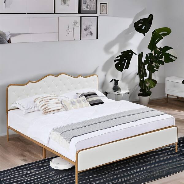 Buckle Shaped Backrest Bed Metal Frame wwith Solid Wood Ribs K-Size ...