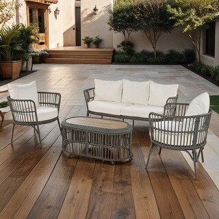 Set of 4 Rattan Conversation Sofa Sets with Coffee Table, Grey - Bed ...