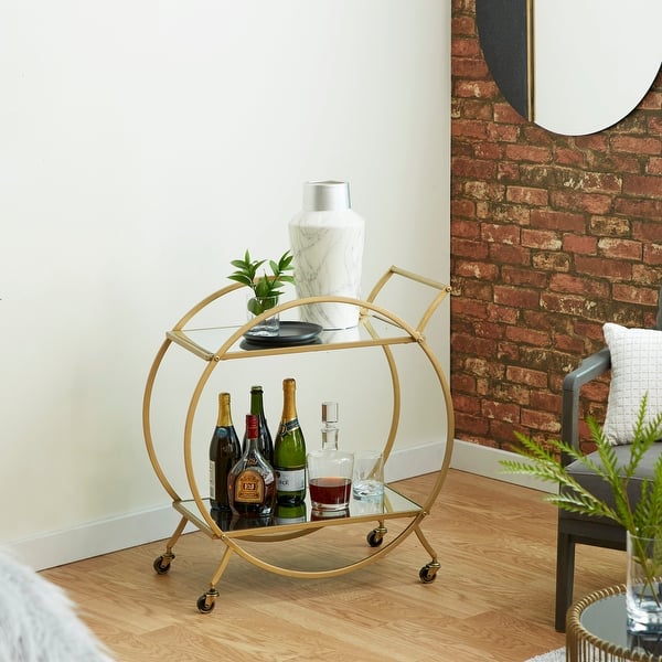 Brown Wood Rolling Oval 3 Shelf Bar Cart with Black Metal Frame - Bed ...