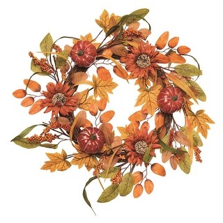 Sunflowers and Pumpkins Artificial Fall Harvest Twig Wreath, 24-Inch ...