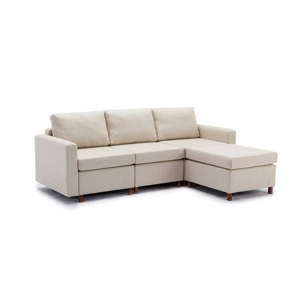 Living Room Module Sectional Sofa Set and L-Shape Linen Fabric 3-seat Couch with Ottoman Square ...