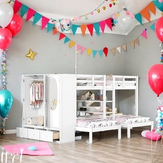 Wooden Full/Twin Bunk Bed Triple Bunk with 2-tier Shelves, Wardrobe and ...