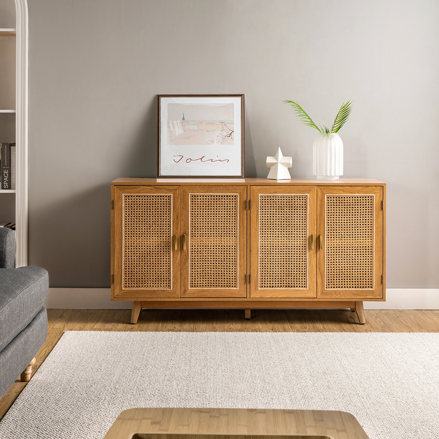 Woven cane tv stand store