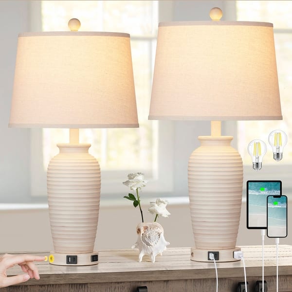 Table Lamps Resin 3-Way Touch Dimming USB Ports AC Outlet(Set of 2 ...