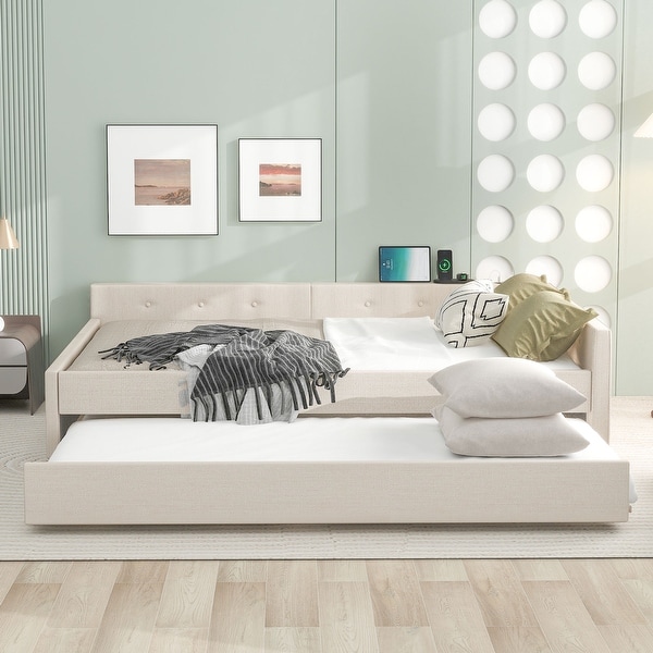 Beige Grounded Low-profile Platform Bed Frame Daybed w/USB,Trundle - On ...