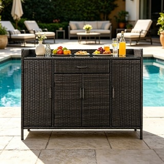 Wicker/Rattan Outdoor Storage Cabinet with Glass top, Patio Bar Table ...