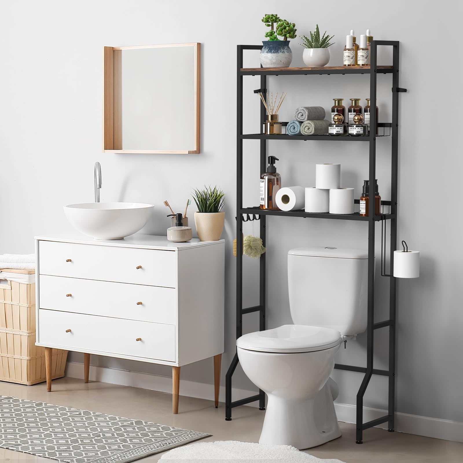 3-Tier Over The Toilet Storage Cabinet with Fabric Drawers Toilet Shelf ...