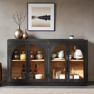4-Door Large Storage Sideboard Buffet Cabinet with Glass Doors, Arched Cabinet with Adjustable ...