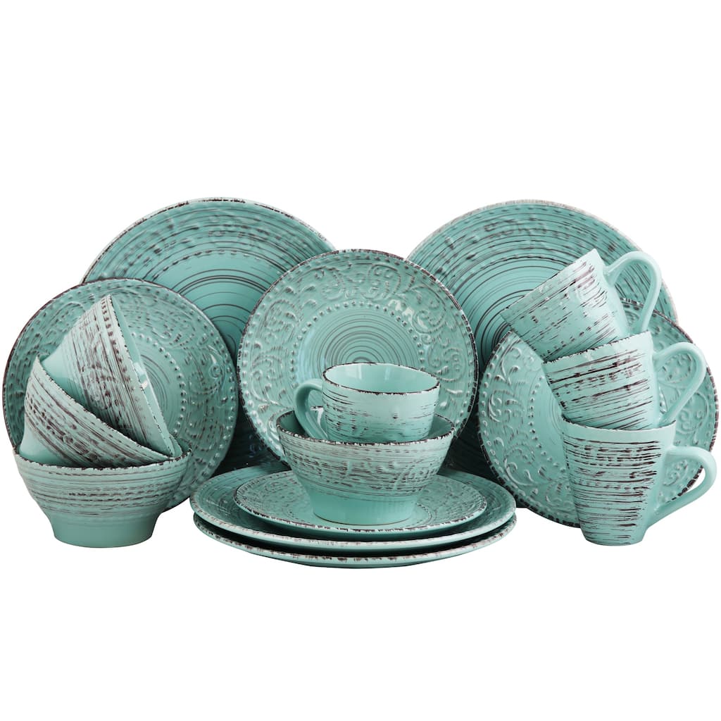 Elama Ocean Waves Turquoise 16-piece Dinnerware Set - Overstock - 32433976