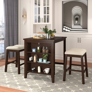 3 Piece Dining Table with Padded Stools, Table Set with Storage Shelf ...