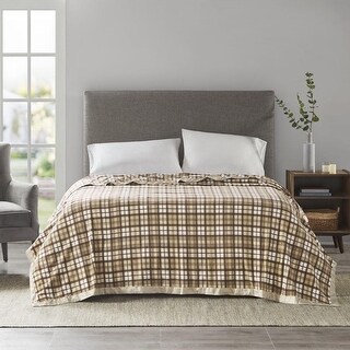 Full/Queen Classic Matte Satin Binding Micro Fleece Blanket Tan Plaid ...