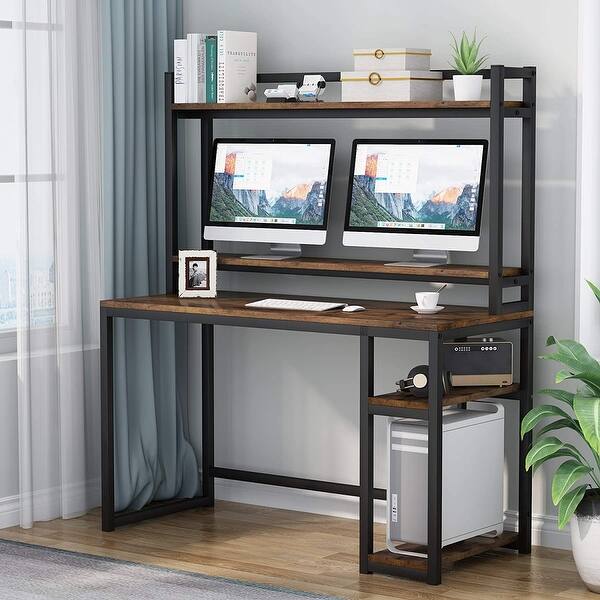 Computer Desk with Hutch and Storage Shelves Study Desk Monitor Riser ...