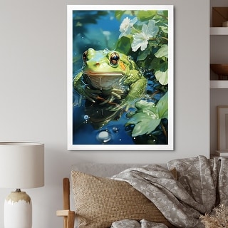 Designart "Cute Frog Portrait At The Pond IV" Frogs & Toads Framed ...