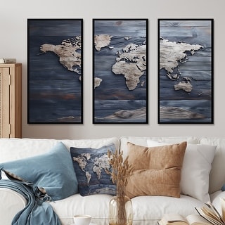 Designart "Rustic Routes World Map I" World Map Framed Art Set of 3 ...