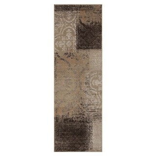 HomeRoots 8' Beige Gray And Black Damask Distressed Stain Resistant ...