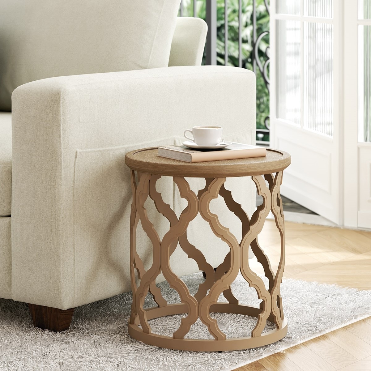 Rustic Farmhouse Tray Top Round End Table with Wood Frame Base Brown