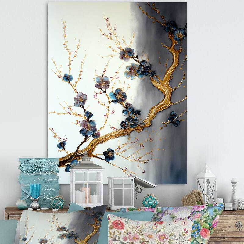 Designart 'Blue Cherry Blossom Branch VII' Tree Cherry Blossom Metal ...