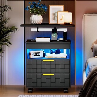 Adjustable Height Nightstand with Charging Station, LED Lights, and ...