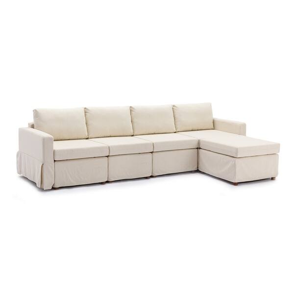 Cream L-Shape Sponge Chaise Lounge Couch Linen Sectional Sofa Set - Bed ...