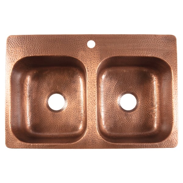 Sinkology Angelico Copper 33" Double Bowl Drop-In Kitchen Sink with 1 ...