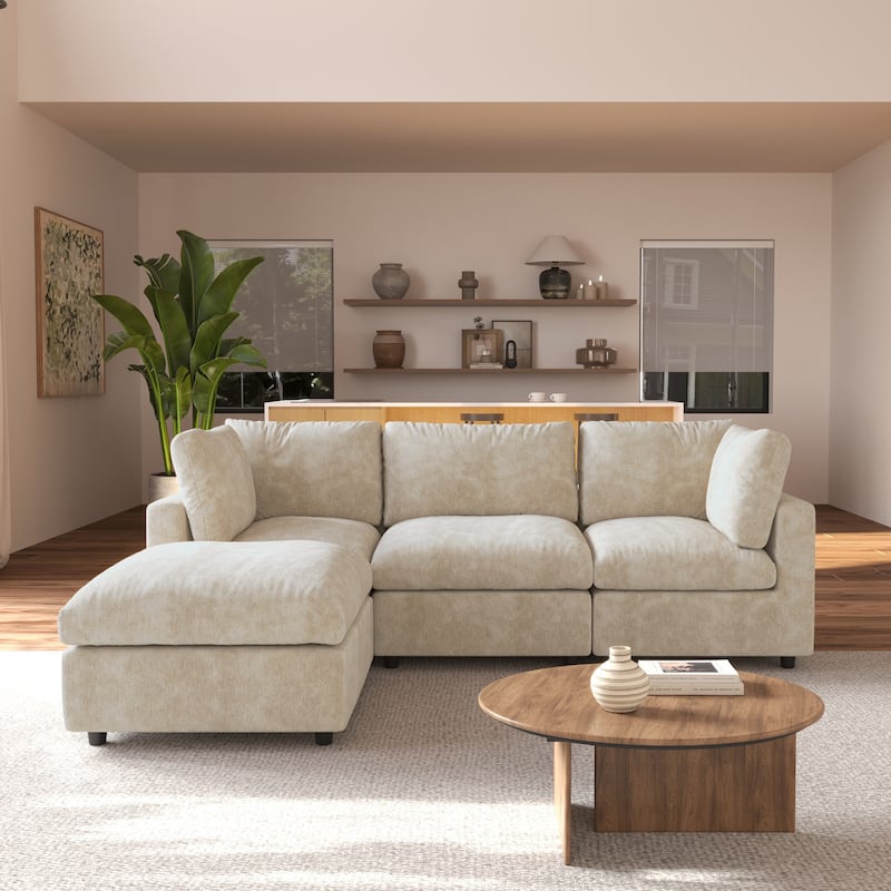 Modular Sectional Sofa Cloud Couch with Ottoman, L Shaped Linen Blend ...