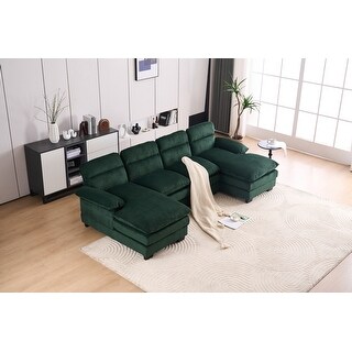 Green U-shaped Sofa with Double Recliner, Corduroy Segmented Couch ...