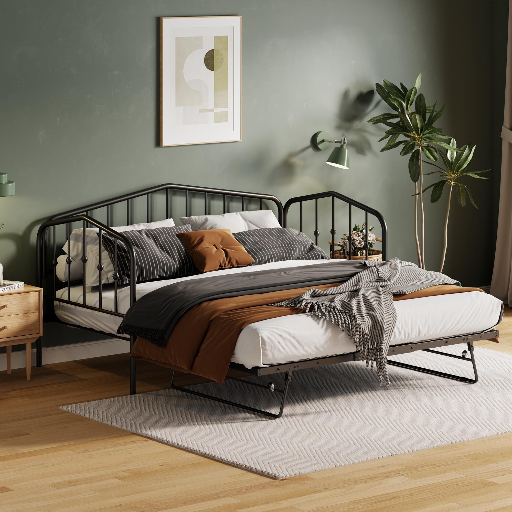 Black Twin Size Iron Daybed: Adjustable Pull-Down Trundle, Space-Saving ...