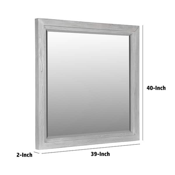 40 Inch Lou Rectangular Mirror, Wood Frame, Grain Details, Washed White ...