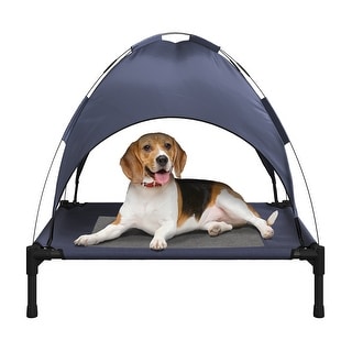 Blue Steel Frame Elevated Dog Bed with Canopy & Non-Slip Feet - Indoor ...
