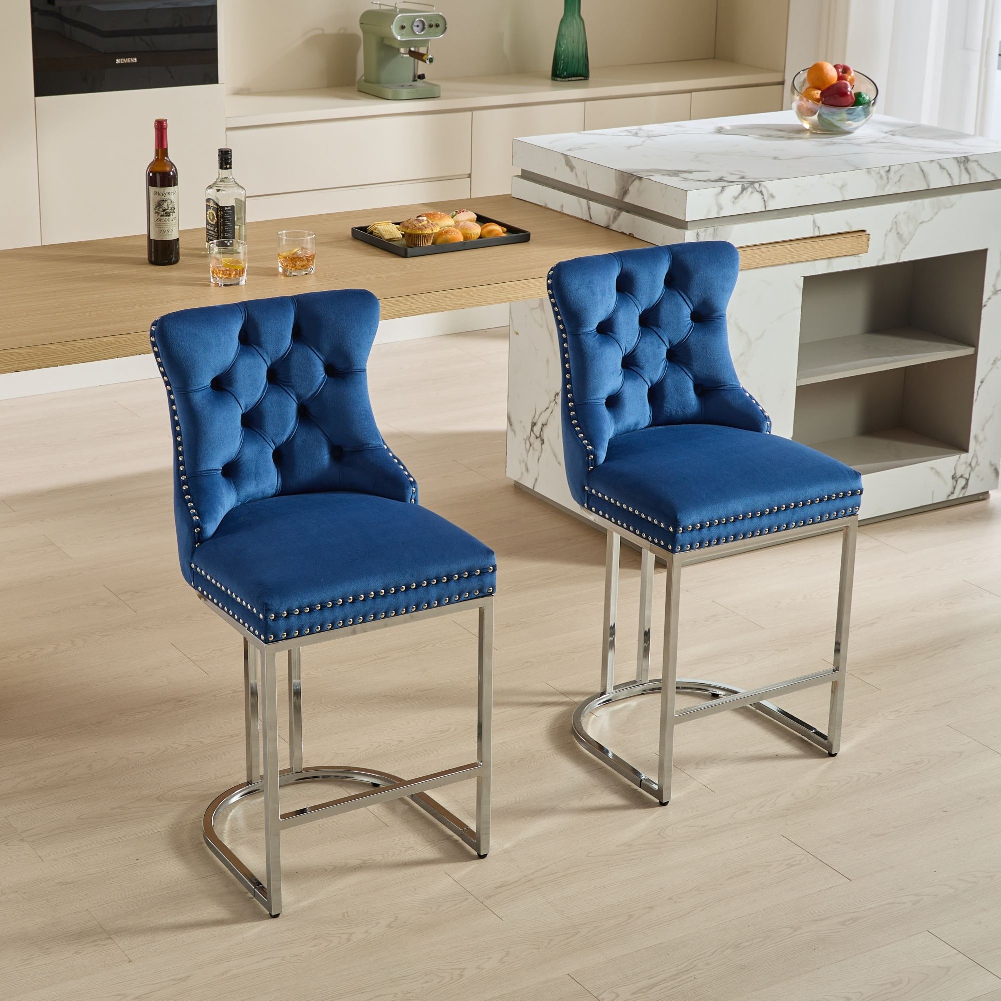 Counter Height Bar Stools Velvet Barstools Set of 2 Rivet Trim Upholstered Kitchen Island Chairs Sturdy Chromed Metal Base