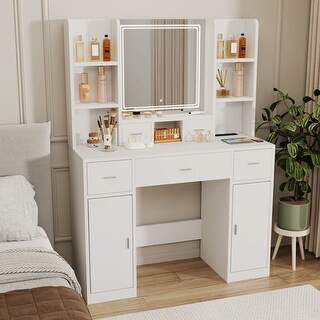 41'' White Dressing Table with Mirror, Drawers and Storage Cabinet for ...