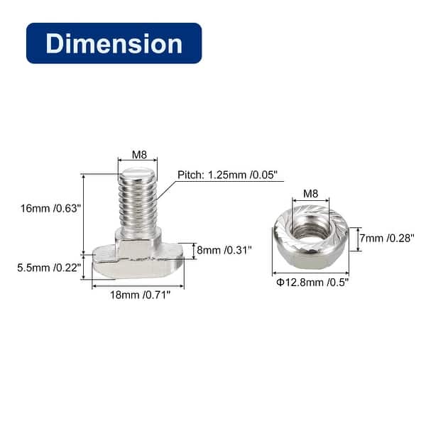 T Slot Drop-in Bolt & M8 Hexagon Flange Nut Set, 10 Sets for 40 Series ...