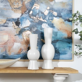 White Ceramic Fluted Round Abstract Decorative Vase (Set of 2) - 24 ...