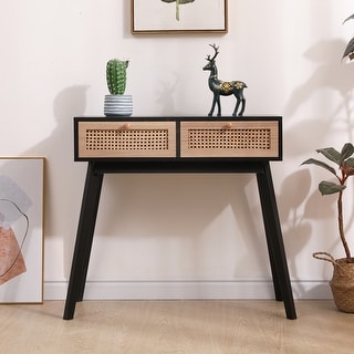 Side Table Storage Cabinet with Two Real Rattan Drawers and Solid Wood ...