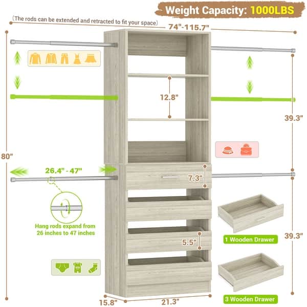 Modular Closet System Wardrobe Organizer 4 Adjustable Hanging Rods and ...