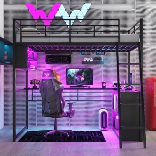 Metal Loft Bed with LED Light and Bulit-in Desk, Twin/Full Size Loft ...