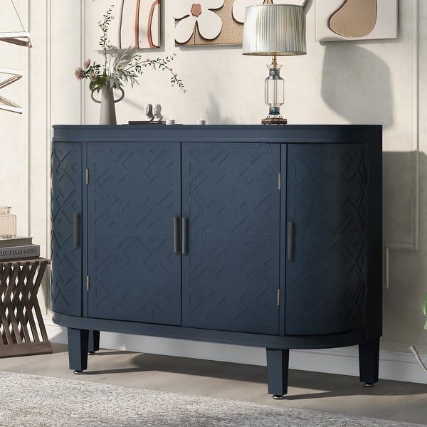 Navy Blue Wooden Entryway Storage Cabinet with Antique Pattern Doors ...