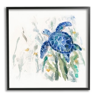 Stupell Beautiful Blue Sea Turtle Swimming Plants Painting Framed Wall ...