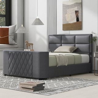Upholstered TV Platform Bed Frame with Height-Adjustable Headboard ...