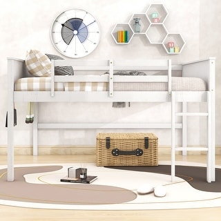 Wood Full Size Low Loft Bed Frame with Hanging Clothes Racks - Bed Bath ...