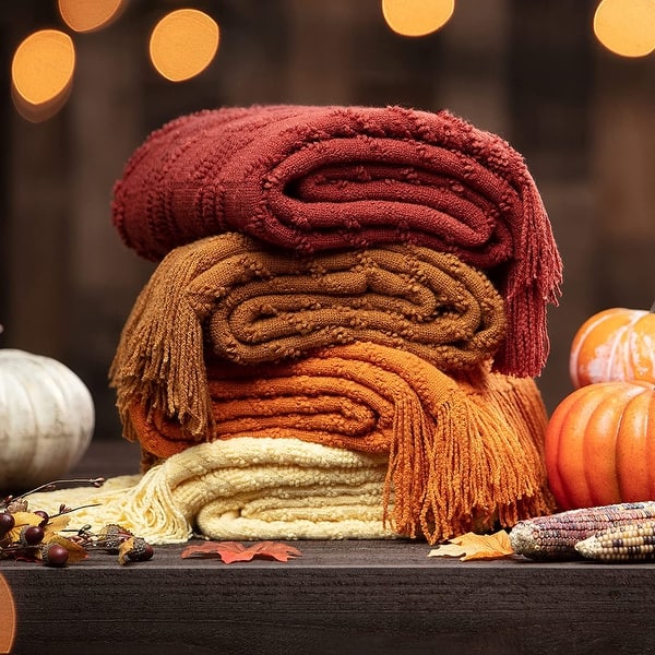 Rust Throw Blanket with Tassels - Acrylic Knitted Super Soft - Bed Bath ...